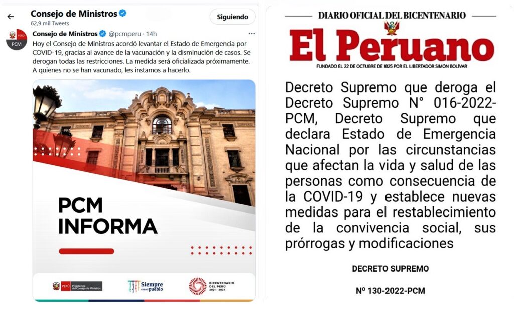 Gobierno del Perú levanta el Estado de Emergencia por COVID-19, Decreto ...