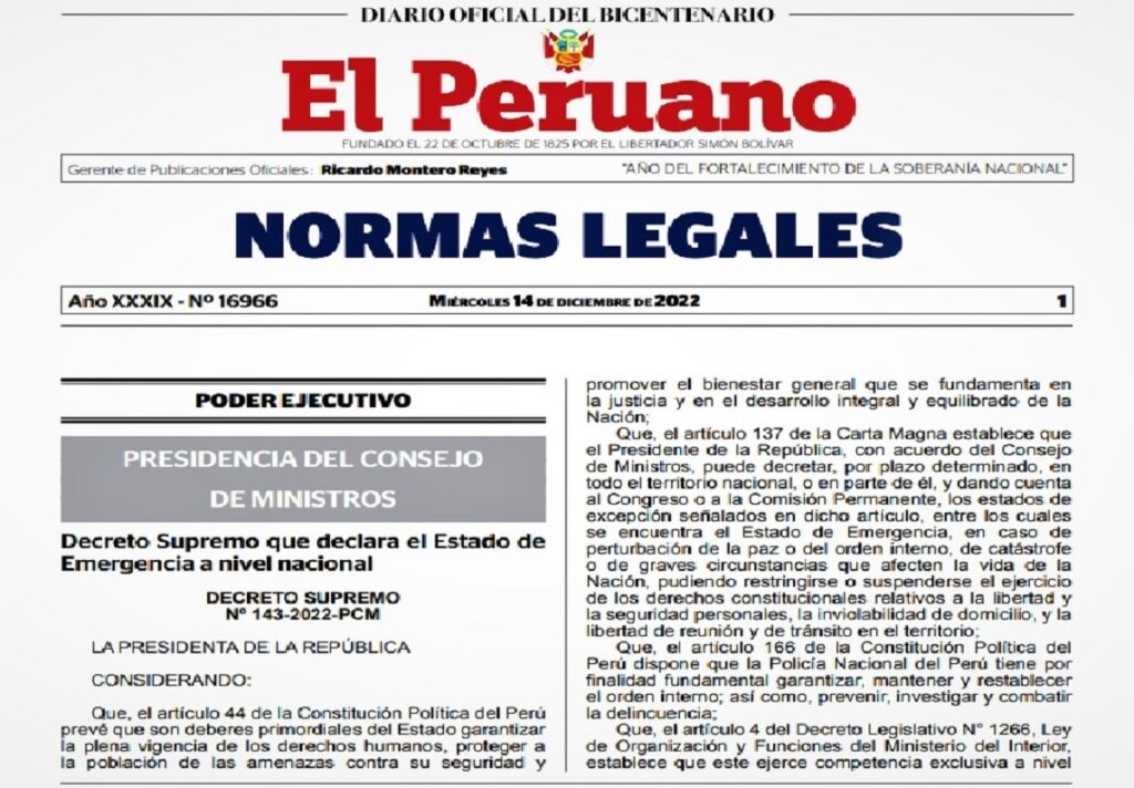Poder Ejecutivo publicó Decreto supremo Nº 143-2022-PCM, que decreta ...